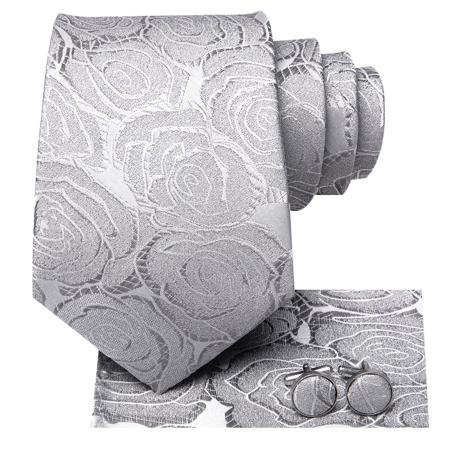 Dubulle Mens Silver Grey Floral Tie Silk Neckte and Hanky Cufflinks Set for Wedding