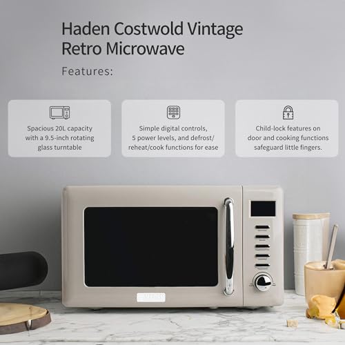 Haden Cotswold Vintage Retro 700 Watt Countertop Microwave Oven Kitchen Appliance with Turntable, Pull Handle, and 5 Power Levels, Putty