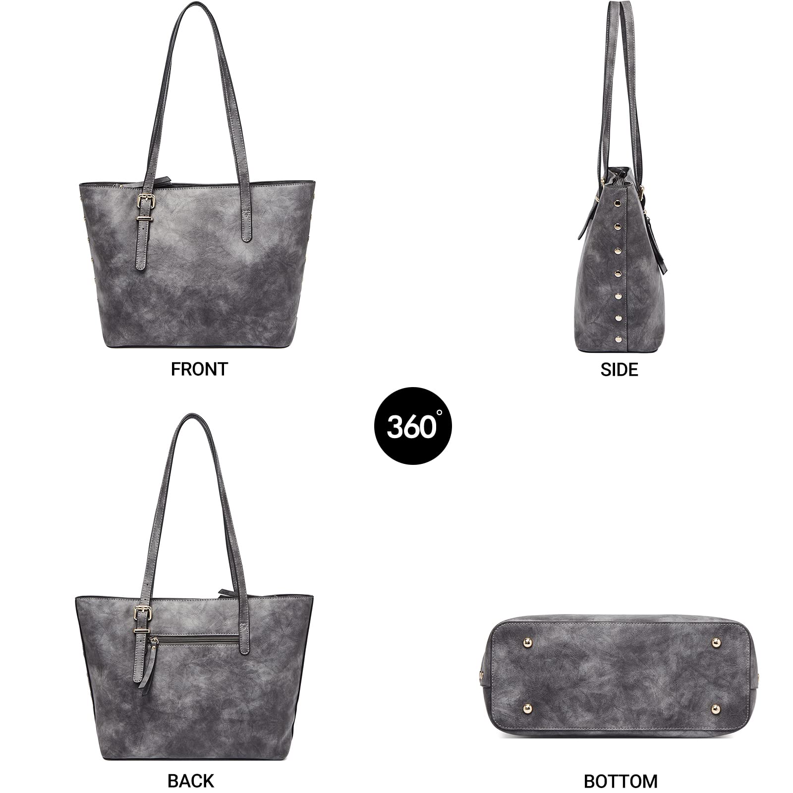 FOXLOVER Vegan Leather Tote Bags for Women Large Capacity Shoulder Bag Vintage Satchel Handbag Purse (Grey)