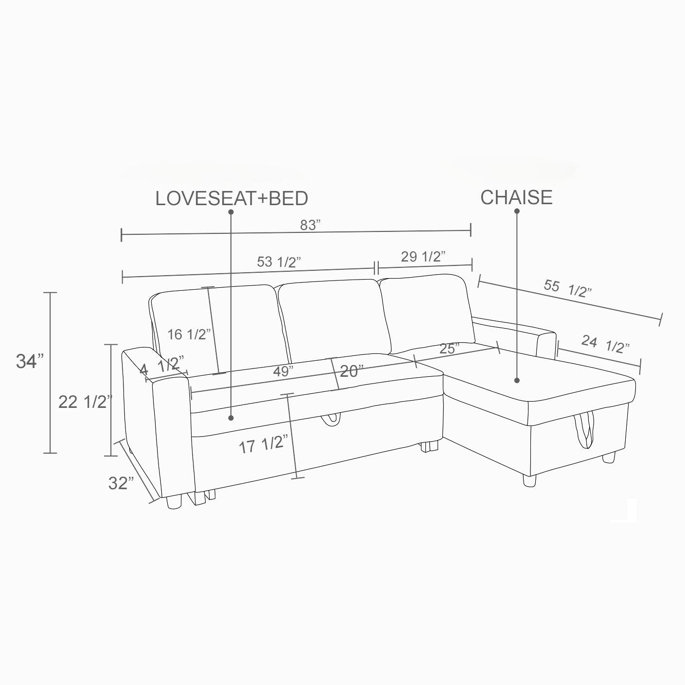 MODCART Moden 83'' L-Shape Flannelette Sectional Sofa with Storage Chaise, Upholstered Backrest, Modern 3 Seat Sleeper Couch w/Pull-Out Bed, for Living Room, Apartment, Offce
