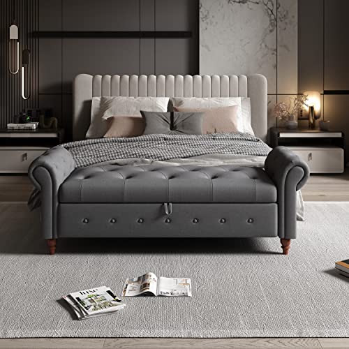 End of Bed Storage Bench Ottoman Linen Fabric Upholstered Button Tufted Padded Footstool Bench&Ottoman with Armsrest and Soild Wood Legs for Home Apartment Entryway Living SpaceDark Grey
