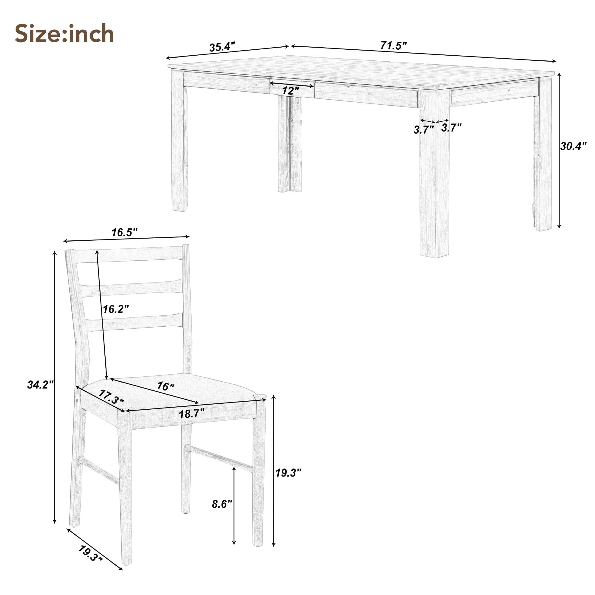 LostCat 71.5 Inch Dining Table Set for 6, 7-Piece Wooden Extendable Table with 12" Leaf and 2 Drawers, 6 Dining Chairs with Soft Cushion for Dining Room, Living Room, Antique White+Brown