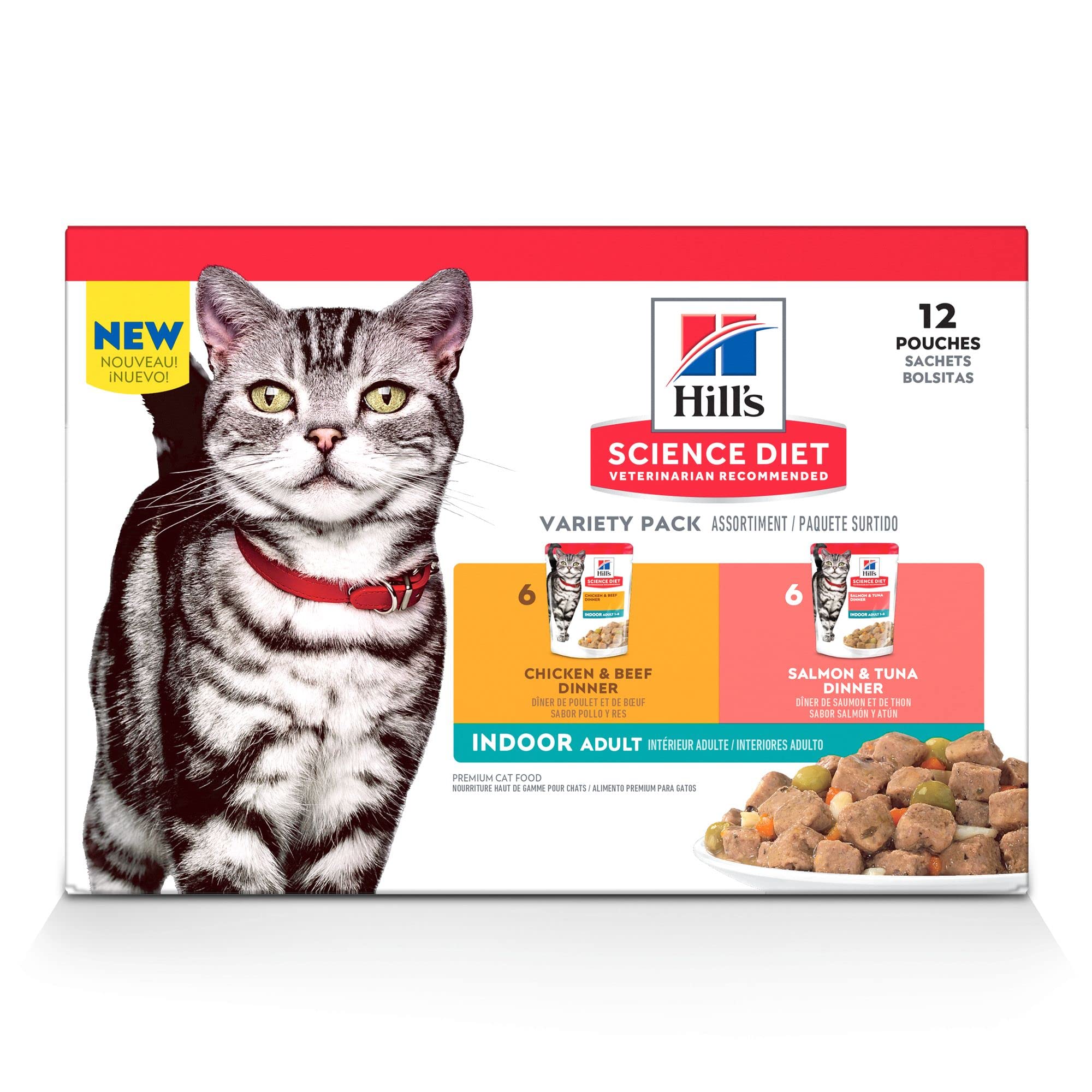 Hill's Science Diet Adult Indoor Wet Cat Food Pouch Variety Pack, Chicken & Beef, Tuna & Salmon 2.8 oz., 12 Pack