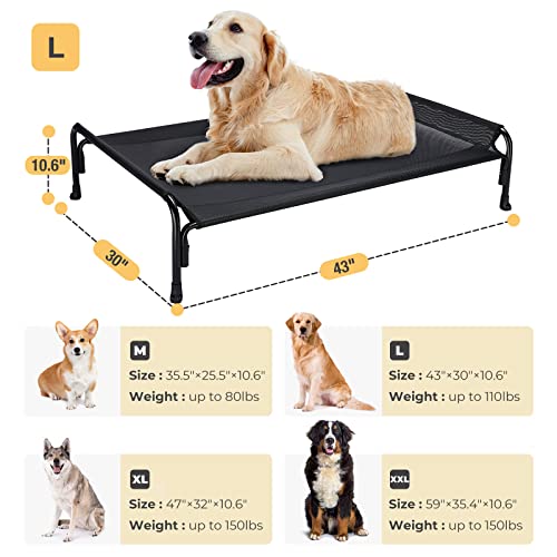Veehoo Elevated Dog Bed, Outdoor Raised Dog Cots Bed for Large Dogs, Cooling Camping Elevated Pet Bed with Slope Headrest for Indoor and Outdoor, Washable Breathable, Large, Black, CWC2204