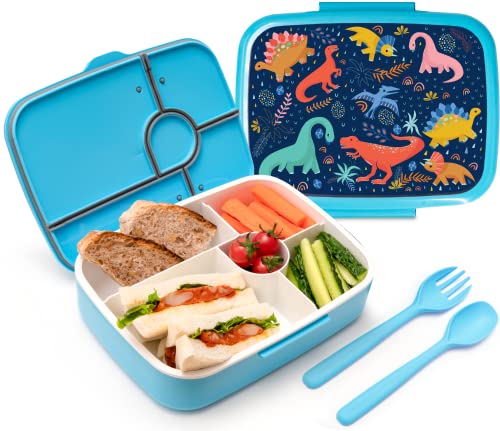 RUVALINO Bento Lunch Box for Kids, 5-Compartment Bento-Style Kids Lunch Box with Utensils, Leak-Proof, Dishwasher Safe, Pre-School Kid Daycare Lunches Snack Container for Ages 5 and up, Dinosaur