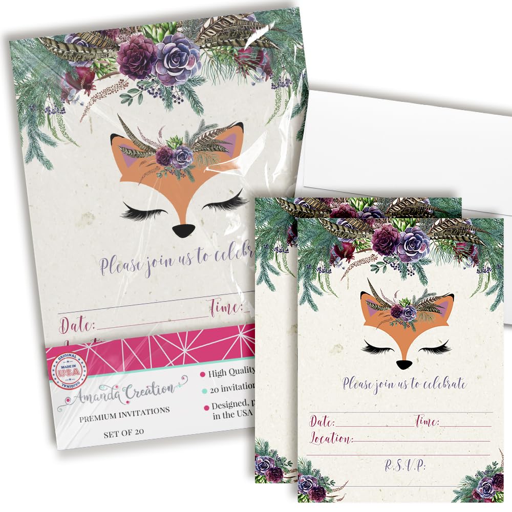 Woodland Forest Fox Face Floral With Greenery Birthday Party Invitations, 20 5x7 Fill In Cards with Twenty White Envelopes by AmandaCreation