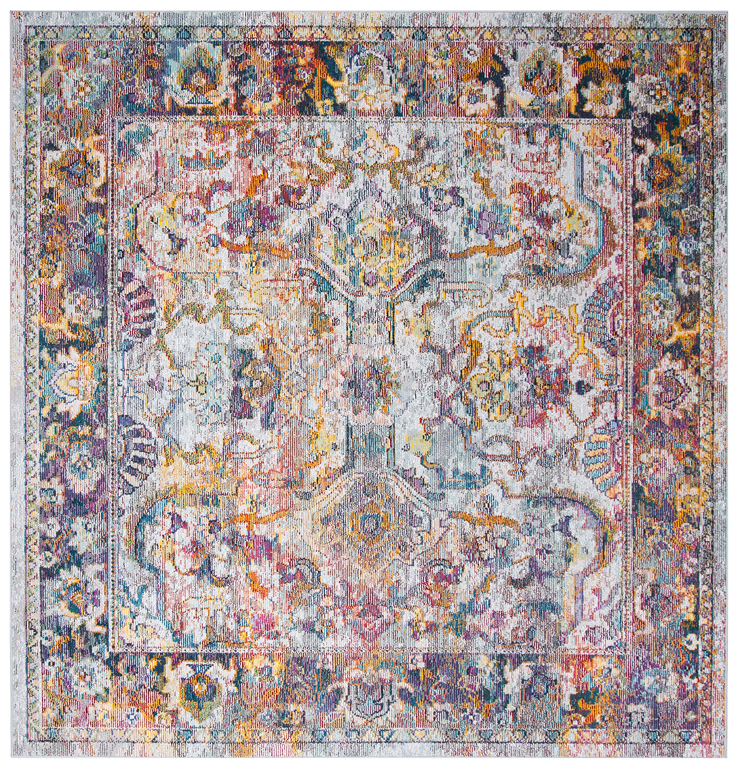 SAFAVIEH Crystal Collection Area Rug - 7' Square, Light Blue & Orange, Boho Chic Oriental Distressed Design, Non-Shedding & Easy Care, Ideal for High Traffic Areas in Living Room, Bedroom (CRS504A)