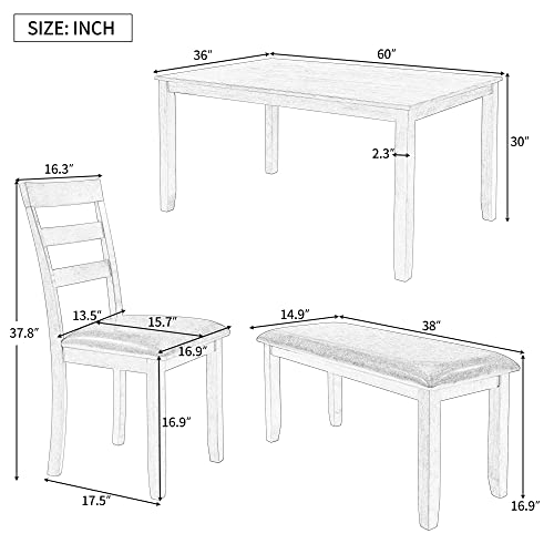 ODC 6-Piece Dining Set, Wooden Rectangular Kitchen Table with Bench and 4 Padded Chairs w/Fabric Cushion, Family Furniture for Six People, 7-Espresso