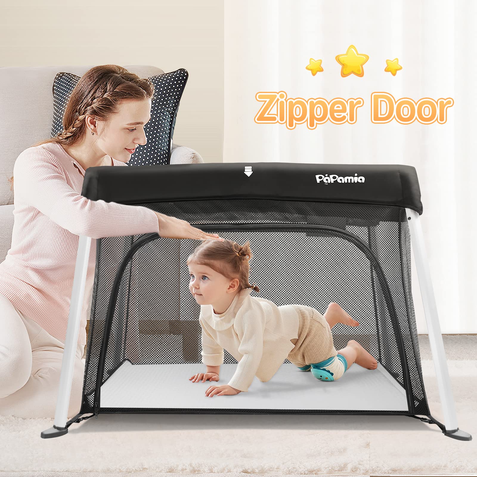 Travel Crib,PAPAMIA Light Portable Crib with Mattress | Foldable Playpen for Babies and Toddlers | Play Yard with Lightweight Handbag Design | Safety Certified