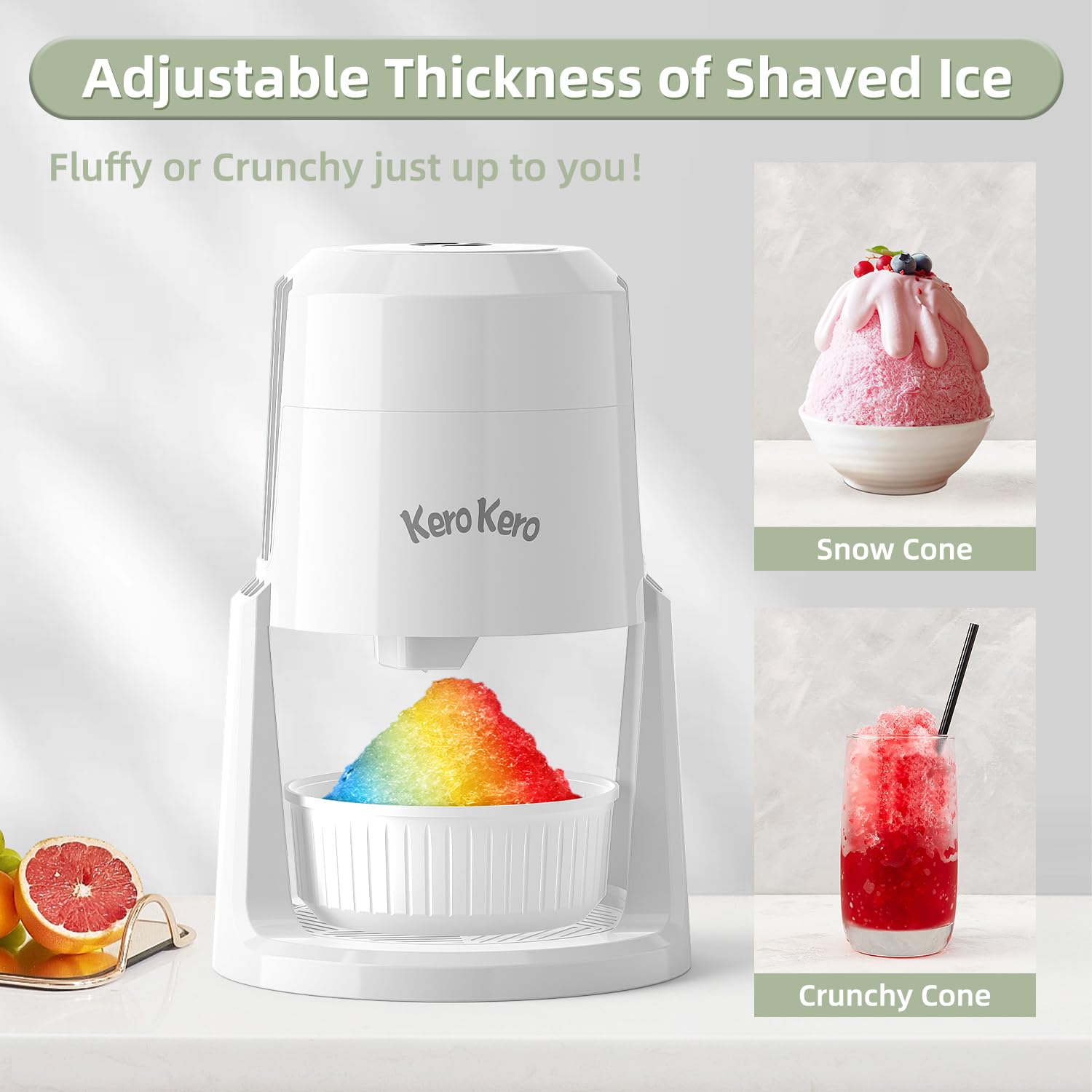 Kero Kero Shaved Ice Machine, Multi-Purpose Ice Shaver Machine with Adjustable Blade, Snow Cone Machine for Homemade Shaved Ice, Slushie Machine, Snowcone Machines for Kid with Reusable Ice Mold.white