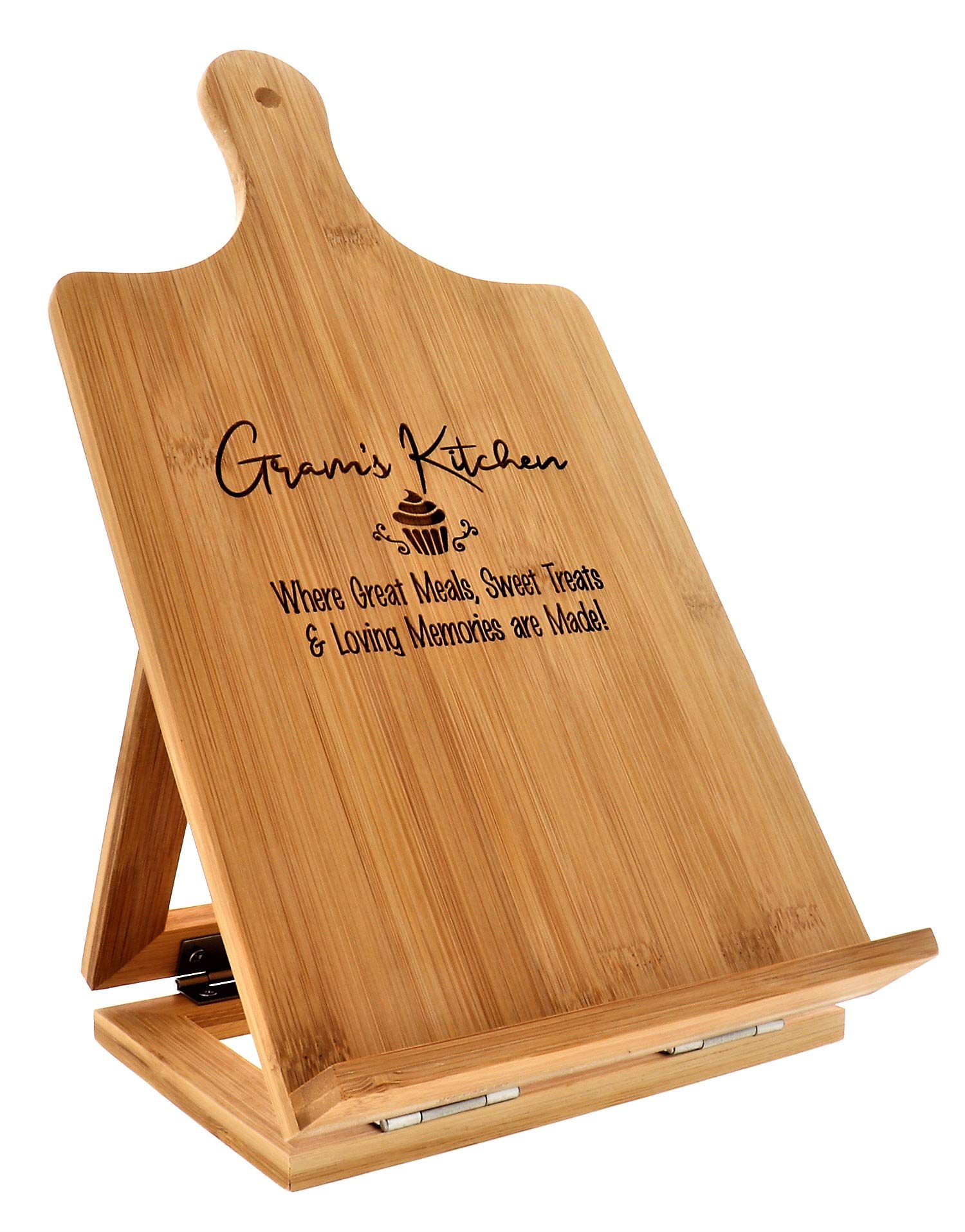 Gram’s Recipe Cookbook Holder Stand Gift - Custom Engraved Bamboo Cutting Board Foldable Chef Easel Metal Hinges Kickstand iPad Tablet Compatible Christmas Birthday Kitchen Decor Design (7.25x13.5)