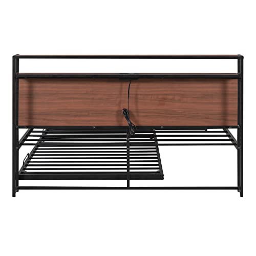 LostCat Queen Bed with Trundle, Metal Bed Frame with Twin Size Trundle, Queen Size Bed Frame with Storage Headboard USB Ports Outlets for Bedroom, Steel Slat Support, No Box Spring Needed, Black