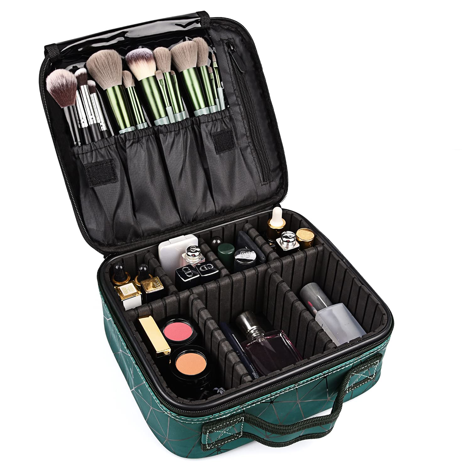 Garsumiss Travel Makeup Train Case Professional Cosmetic Bag Organizer Portable Artist Storage Make Up Compartments Tool Box Vanity for Brushes Toiletry Jewelry,Diamond Shape Pattern(Green)