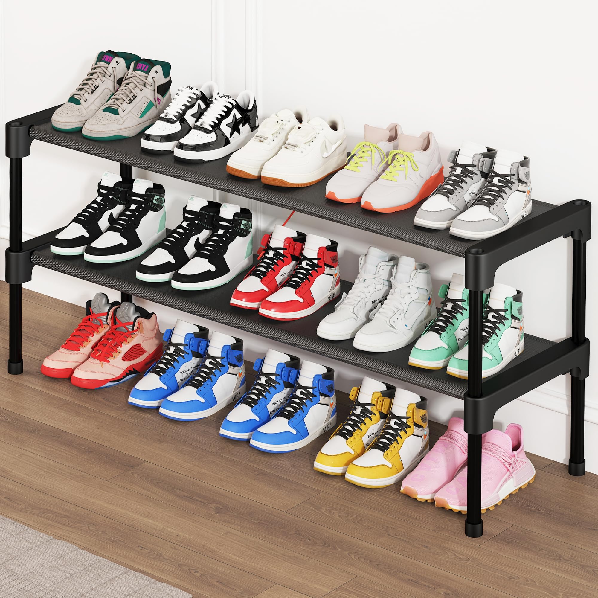 Long Shoe Rack-Shoe Organizer 3 Tier Shoe Rack for Closet Front Door Entryway Garage, Stackable Free Standing and Freely Combinable Shoe Storage, Space Saving Small Shoe Shelves.