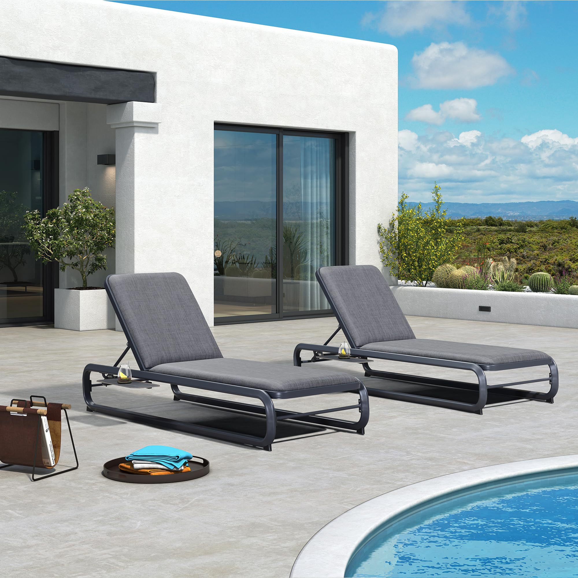 PURPLE LEAF Chaise Lounge Chair Recliner Outdoor for Patio Poolside w/Slide-Out Side Table with Cushion Adjustable Backrest 2 Pieces Dark Grey