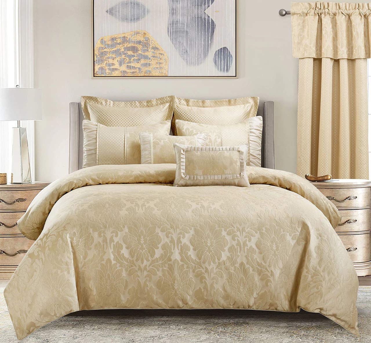 sheetsnthings Jacquard Queen Size Comforter Set- 12PC Bed in a Bag Includes Sara (Beige) Duvet Cover Set, Down Alternative Comforter, Bed Sheets