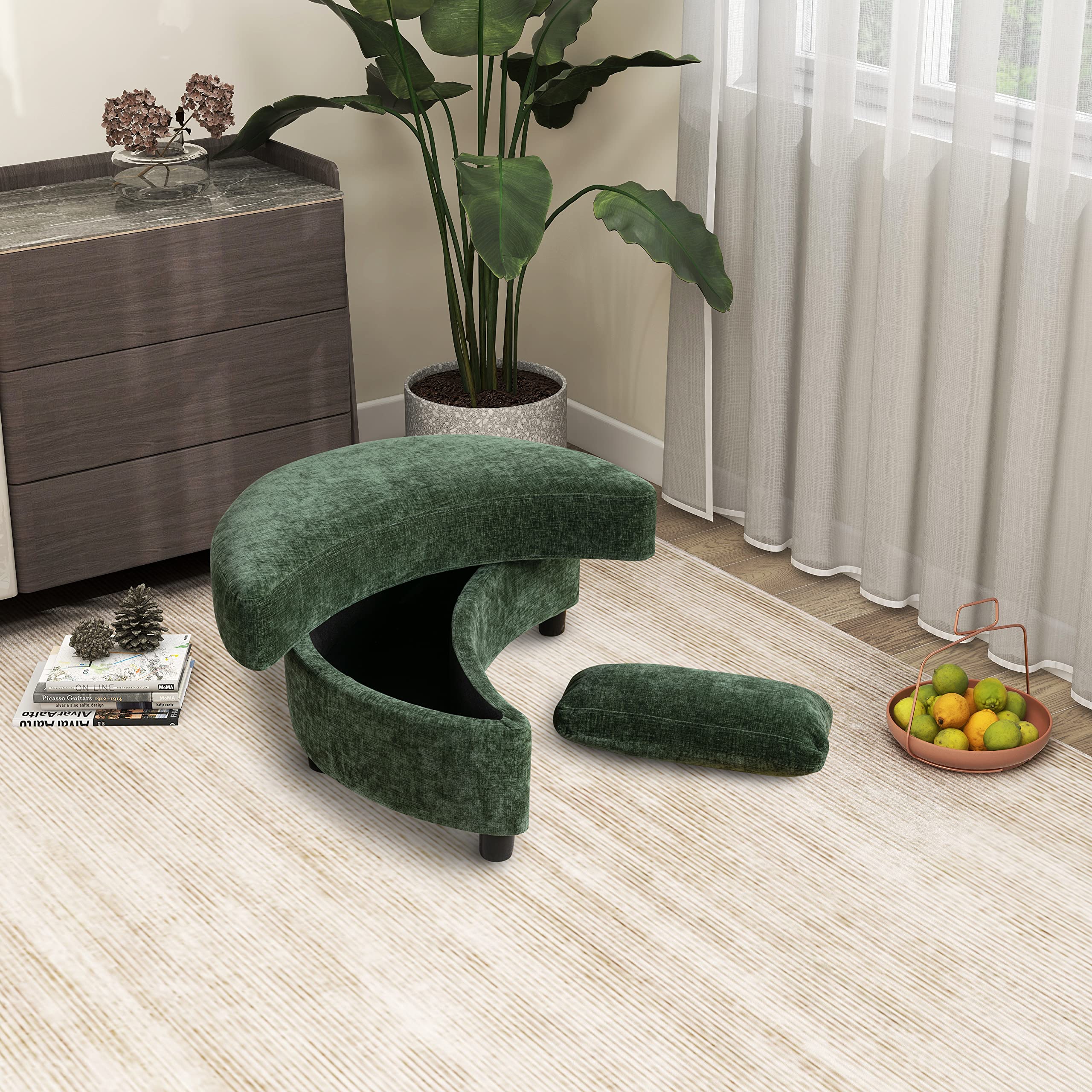HABITRIO Storage Ottoman, Green Chenille Upholstered Half Crescent Moon Bench w/ 1 Toss Pillow, Tray Serve As Side Table, Padded Seat Dressing Shoe Bench Footrest for Living Room, Entryway, Hallway