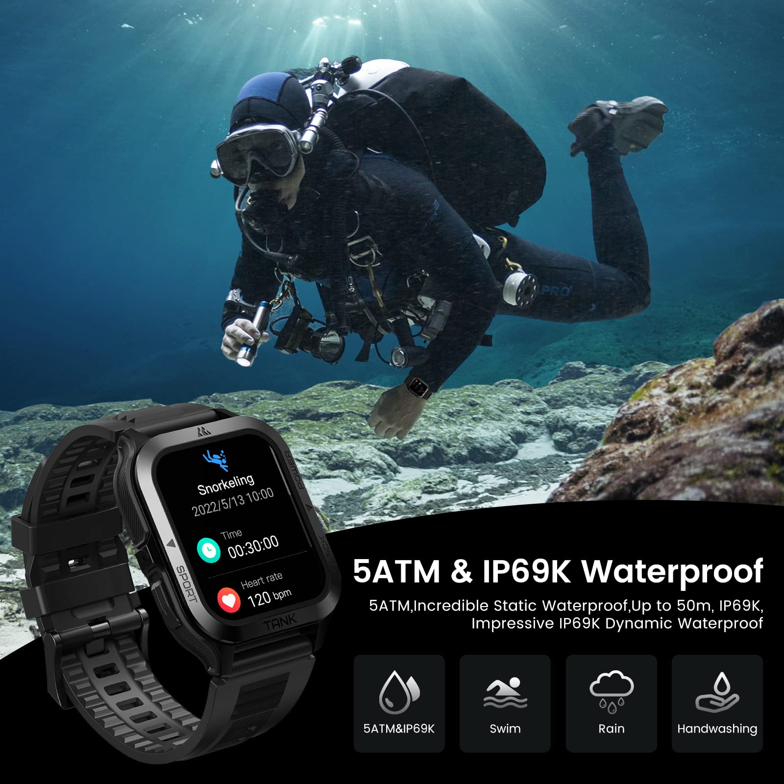 KOSPET Smart Watch for Men - Rugged Military Smart Watch for iPhone and iOS, 50 Days Long Battery Life, Bluetooth Answer/Make Call, 1.85'' Large HD Display, 70+ Sports Modes