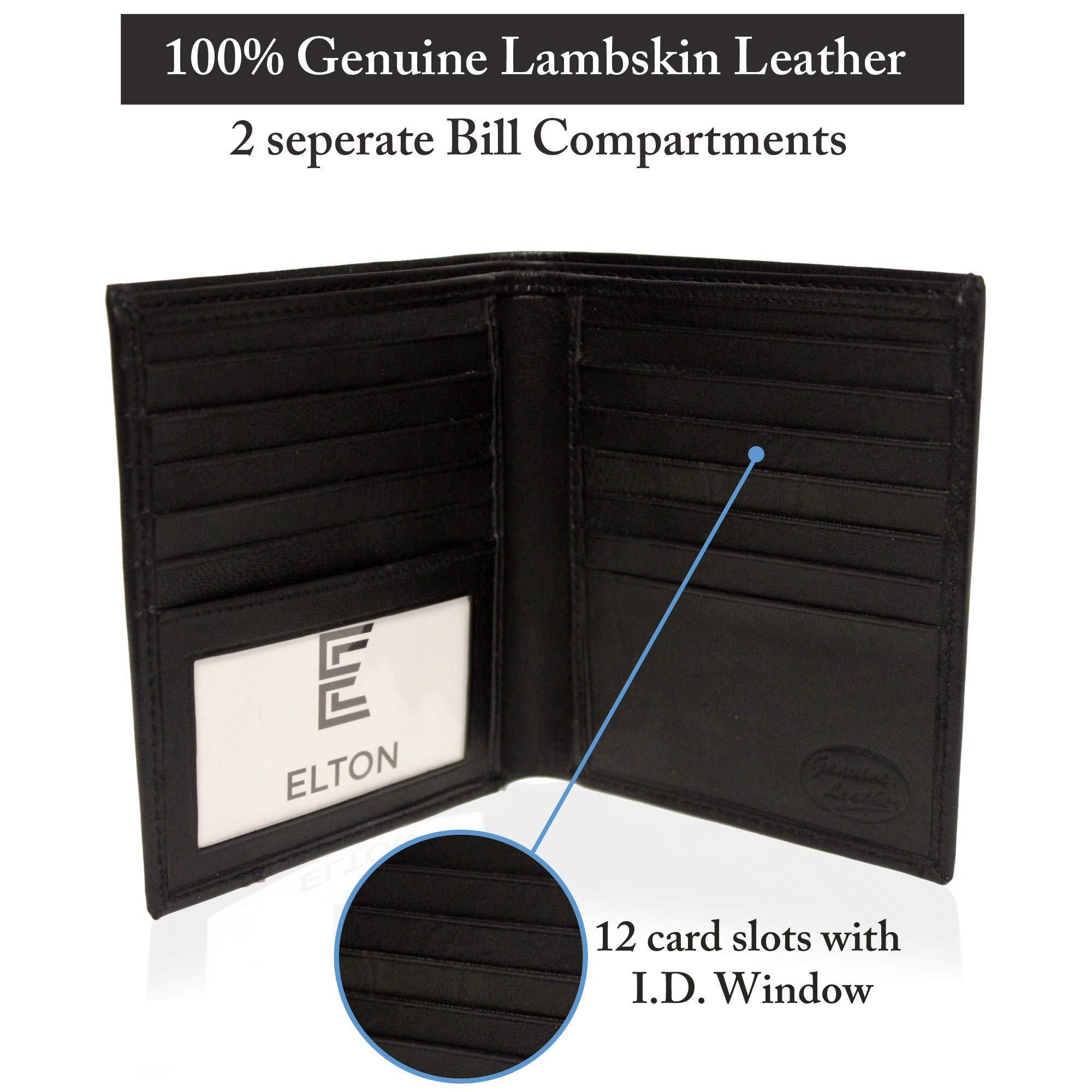 E Elton Genuine Lambskin Leather Hipster Bifold Wallets for Men Black Extra Large Bifold Wallet- RFID Protection