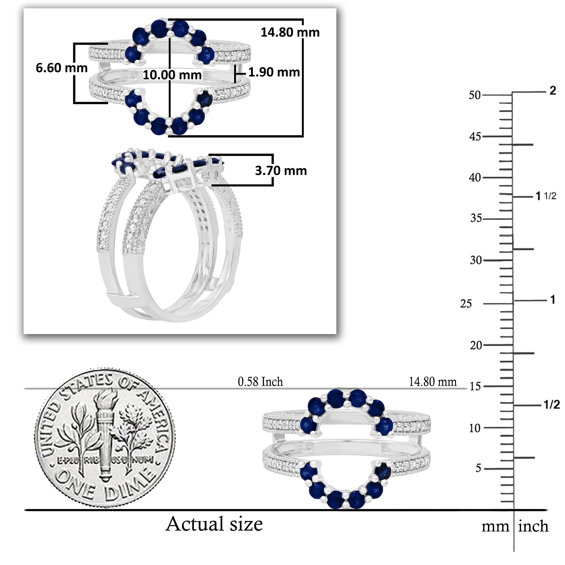 Dazzlingrock Collection Round Blue Sapphire & White Diamond Ladies Enhancer Curved Double Guard Matching Wedding Band | 925 Sterling Silver, Size 8