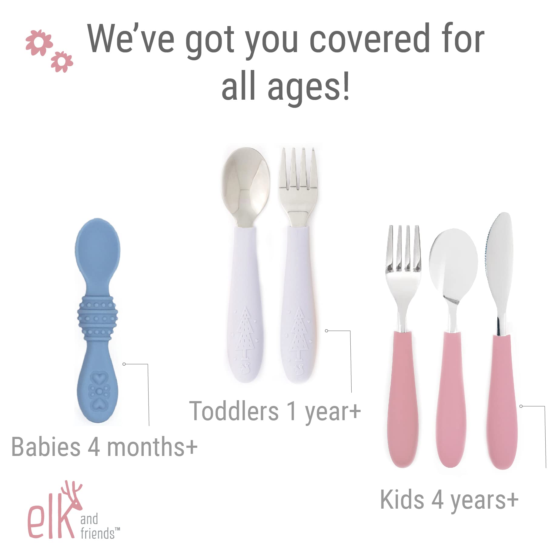 Elk and Friends Kids Silverware with Silicone Handle | Childrens Safe Flatware | Kids Utensils | Spoon + Fork + Knife set | 4 years+ | 6 Pieces