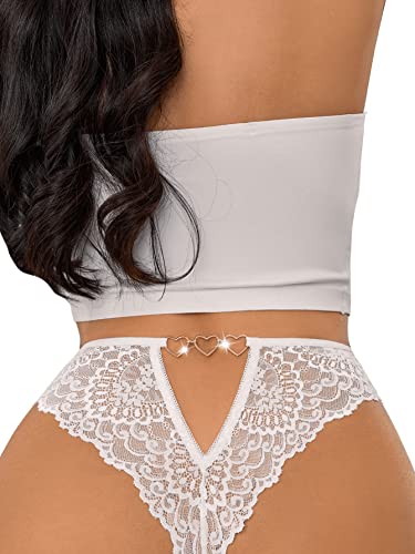 SweatyRocks Women's Lingerie Floral Lace Sheer Mesh Cut Out Thong Panties Underwear Plain White L