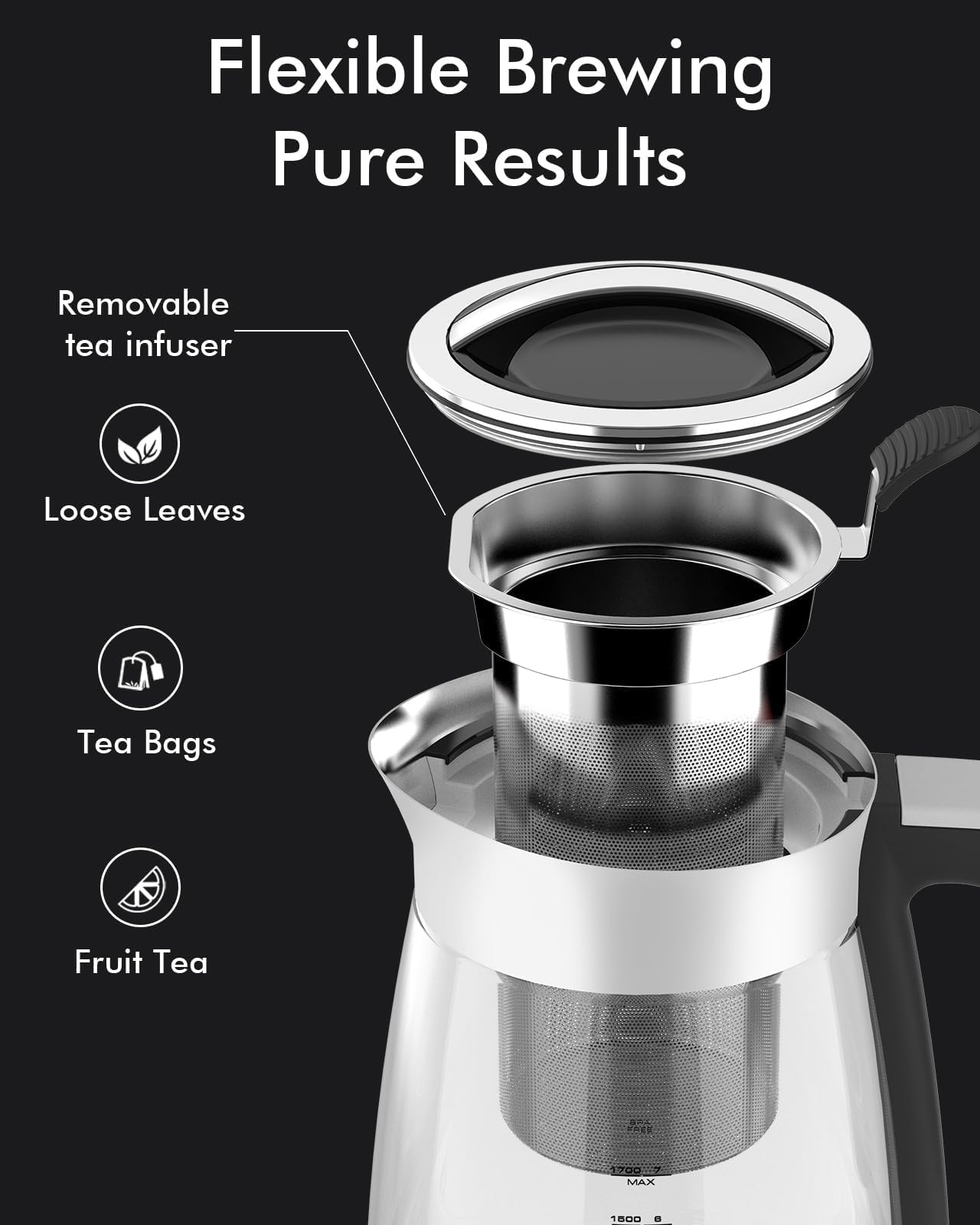 LONGDEEM Electric Glass Tea Kettle with Infuser, 1.7L Fast Boiling, Stainless Steel, Temperature Control Tea Maker, Non-BPA - Easy Lid Removal & Keep Warm Feature, White