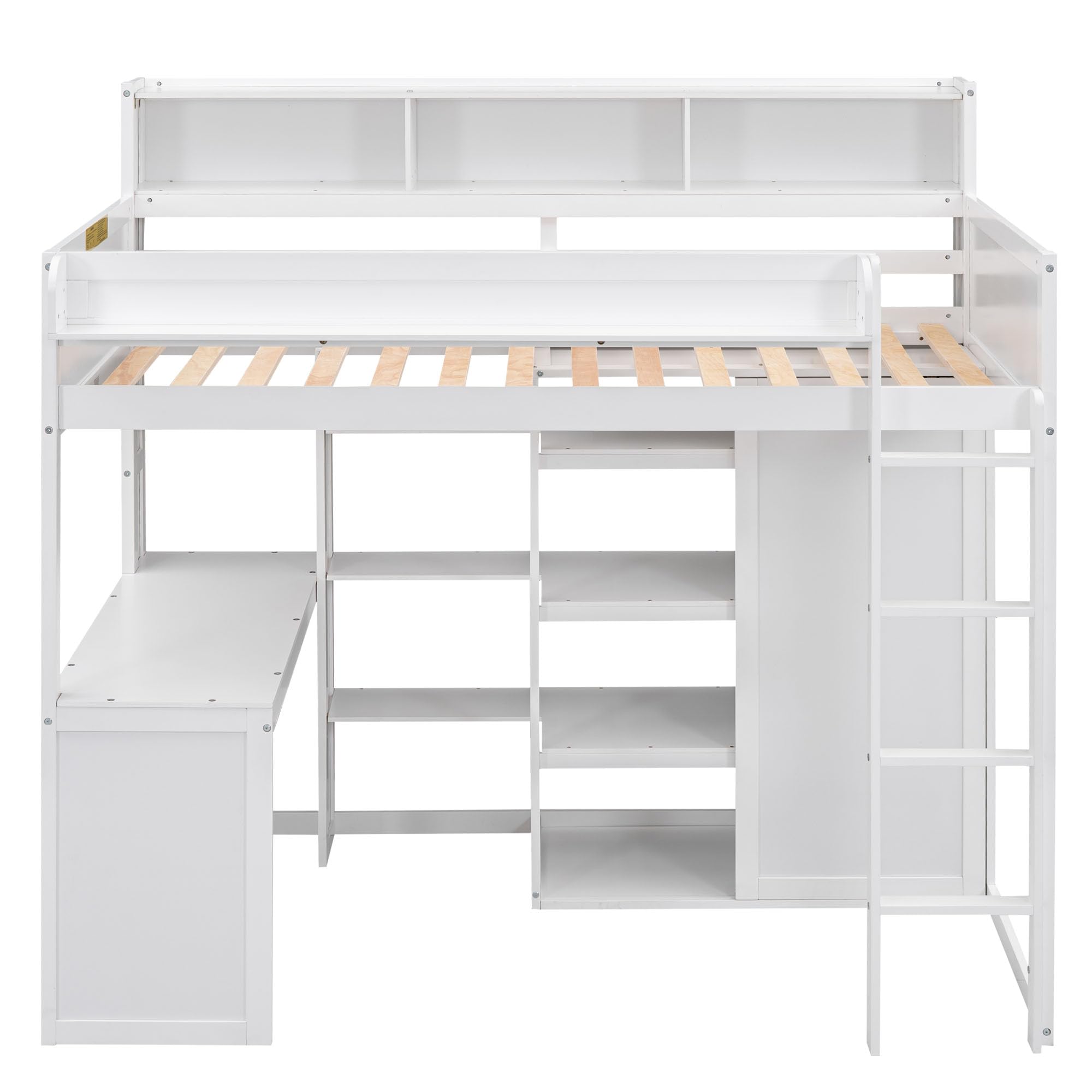 LostCat Twin Size Loft Bed with Wardrobe, Desk and Storage, Solid Wood Loft Bed Frame with Bookshelf, for Kids, Teens and Adults, No Box Spring Needed, White