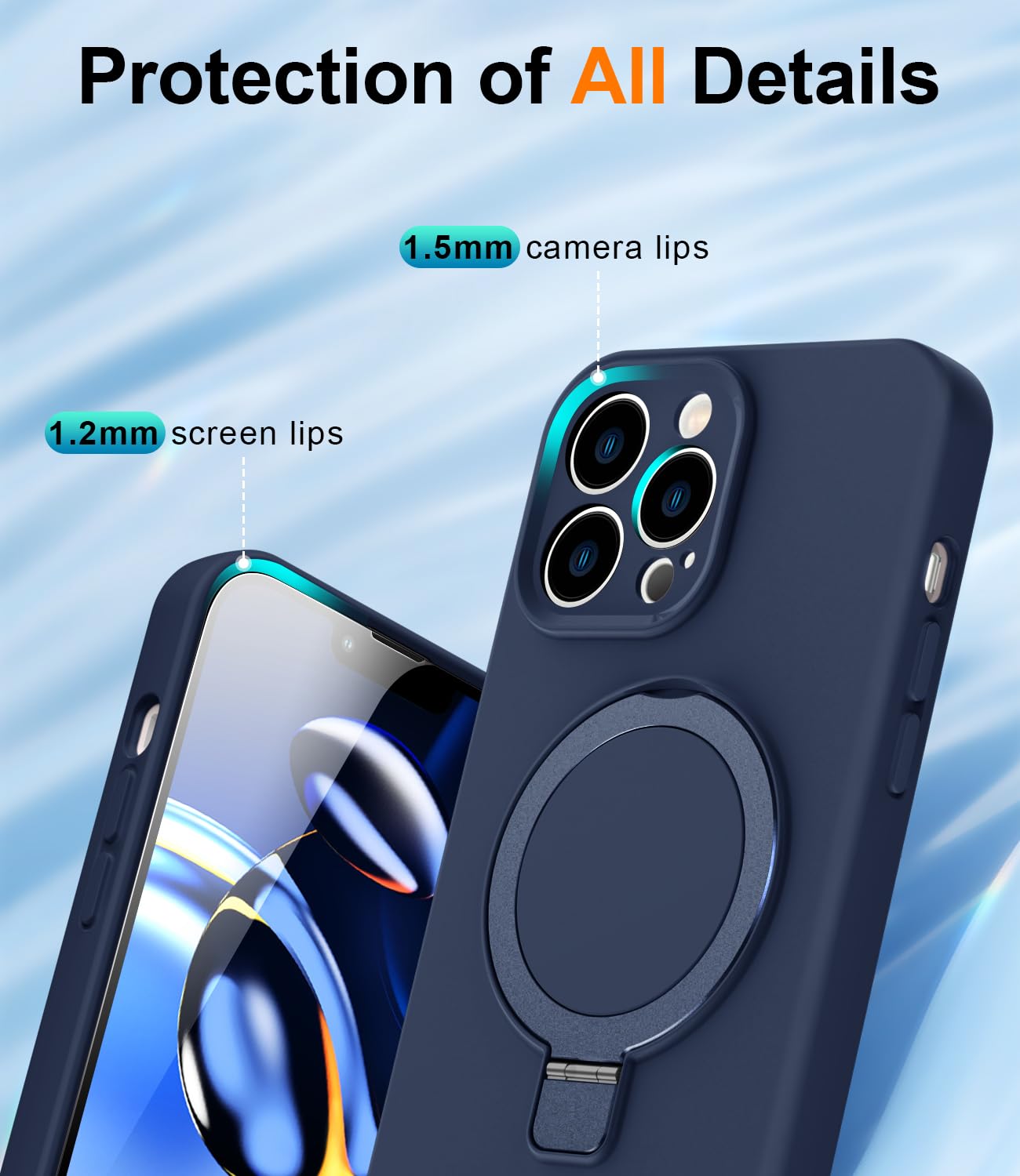 Defeneder Liquid Silicone for iPhone 13 Pro Max Case with Magnetic Stand [2 Pcs Tempered Screen Protectors + Precise Camera Lens Protection] Mil-Grade Drop Protective Phone Case, Navy Blue