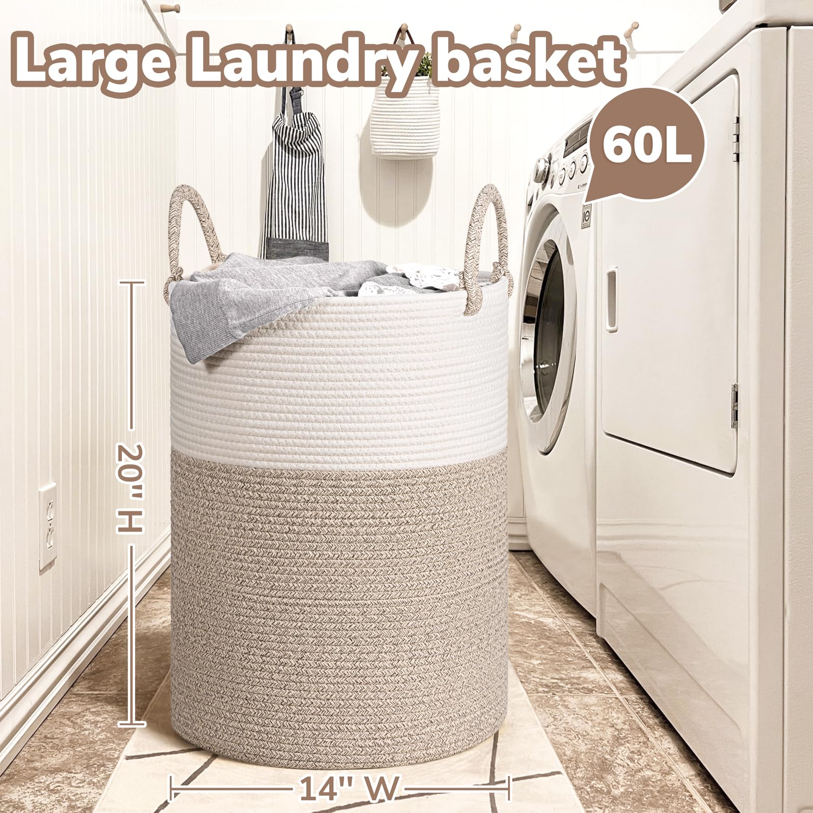 INDRESSME Large Laundry Hamper, Baby Laundry Hamper for Toys, Tall Woven Laundry Basket for Clothes, Blanket Storage Basket for Living Room, 19.7 x 13.8 inches, Light & Brown