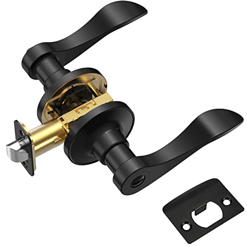 TICONN Black Door Handle, Traditional Wave Style Matte Black Reversible Door Lever for Interior Doors and Closet (Privacy Lock, 1-Pack)
