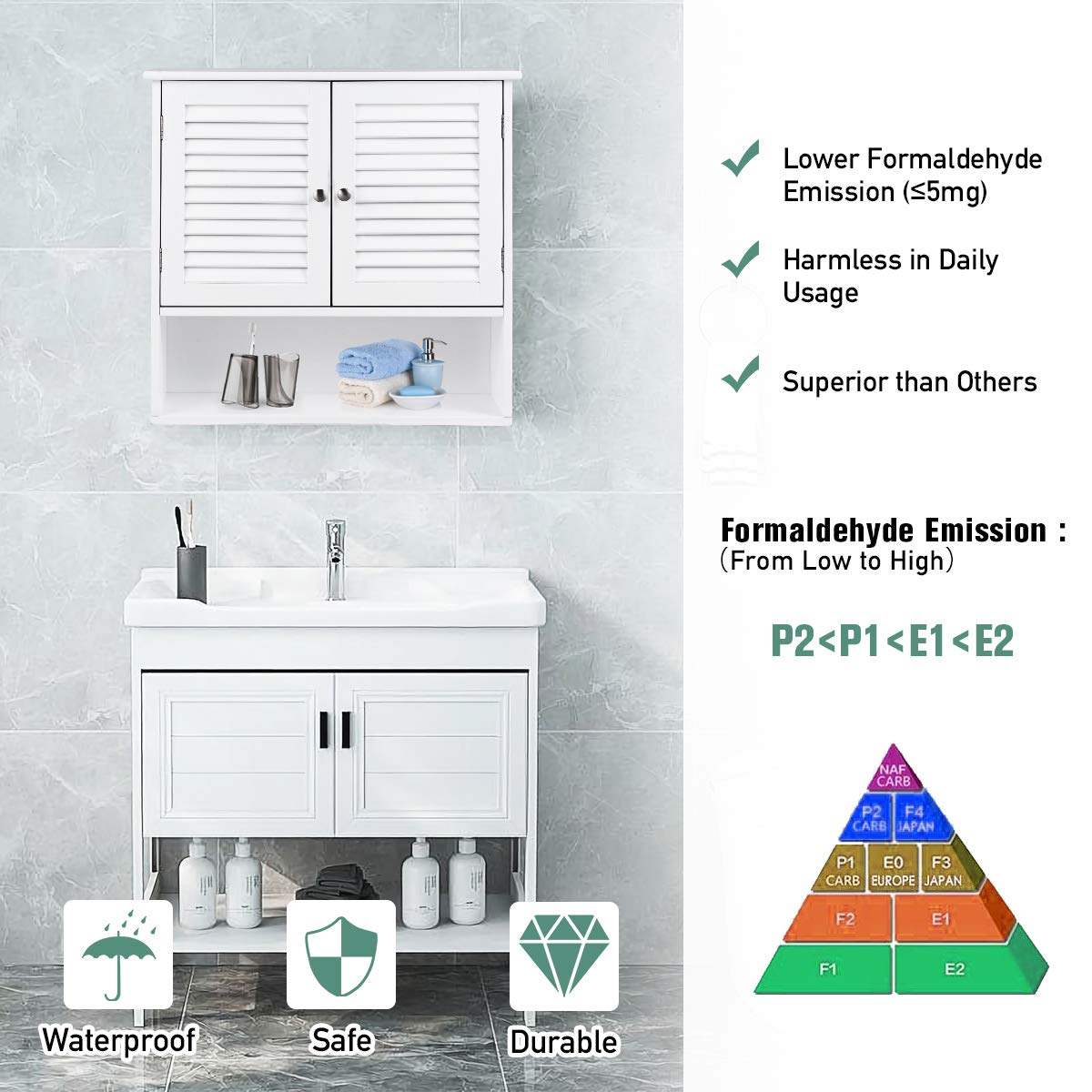 Tangkula Bathroom Wall Cabinet, Wooden Hanging Medicine Cabinet with Double Shutter Doors and Adjustable Shelf, Wall Mounted Bathroom Cabinet with Open Shelf, 26 x 8.5 x 25 Inches, White