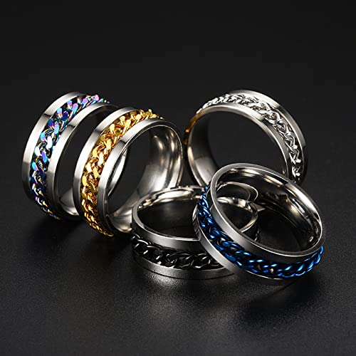 Hibijou Stainless Steel Spinner Ring for Men Women Chain Rings Biker Grooved Edge Fidget Bands with Chain Fidget Ring for Anxiety Relieving