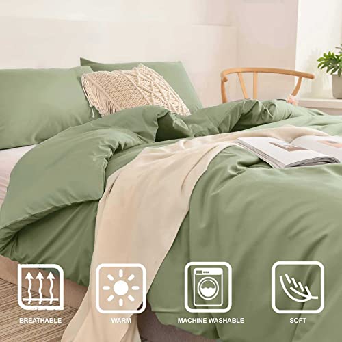 Nanko Queen Duvet Cover Set Sage Green Light Green 3pc 90x90 Luxury Microfiber Comforter Quilt Bedding Cover with Deco Buttons Zip Closure Ties - Modern Elegant Style for Men and Women Chambray Teen