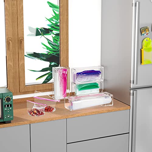 Ziplock Bag Organizer for Drawer, Baggie Organizer for Kitchen Plastic Bag Storage, Sandwich Freezer Snack Organizer Box for Ziploc Hefty Quart Slider Bags, 4 Separate Clear Acrylic Containers