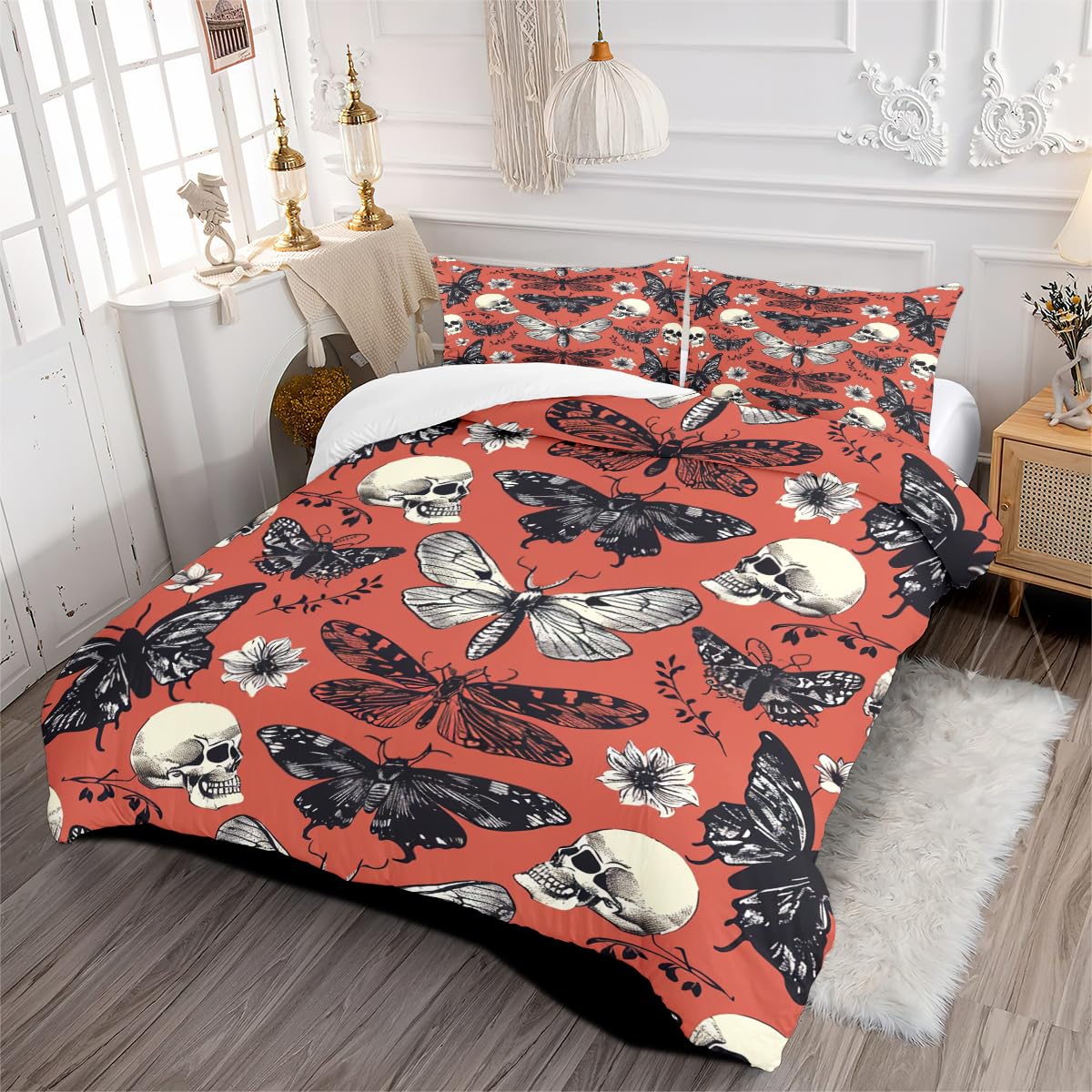 Menkala Gothic Skull Duvet Cover Queen Size Moth Comforter Cover White Floral Duvet Cover Set Black Leaf Death Moth Bedding Set Breathable Durable Soft