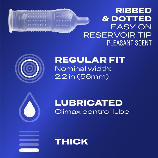 Durex Prolong Condoms, Ultra Fine, Ribbed, Dotted with Delay Lubricant Natural Rubber Latex Condoms for Men, FSA & HSA Eligible, 12 Count (Pack of 3)