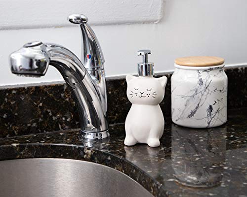 Isaac Jacobs White Ceramic Cat, Liquid Soap Pump/Lotion Dispenser with Chrome Metal Pump (Holds Up to 12 Oz) β Great for Bathroom, Kitchen Countertop, Bath Accessory (Cat)