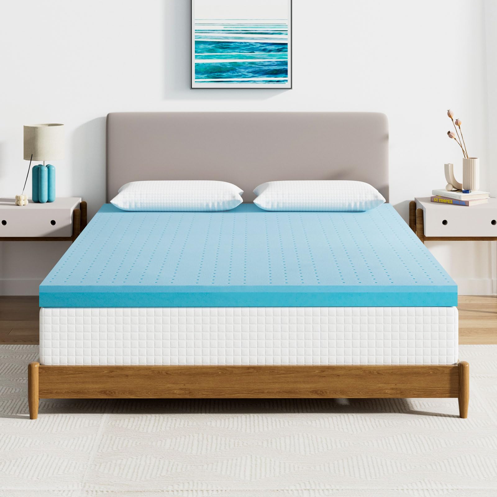 Maxzzz King Mattress Topper, 2 inch Cooling Mattress Topper, Memory Foam Gel-Infused Bed Topper, Medium Firm Mattress Topper, CertiPUR-US Certified, Bule