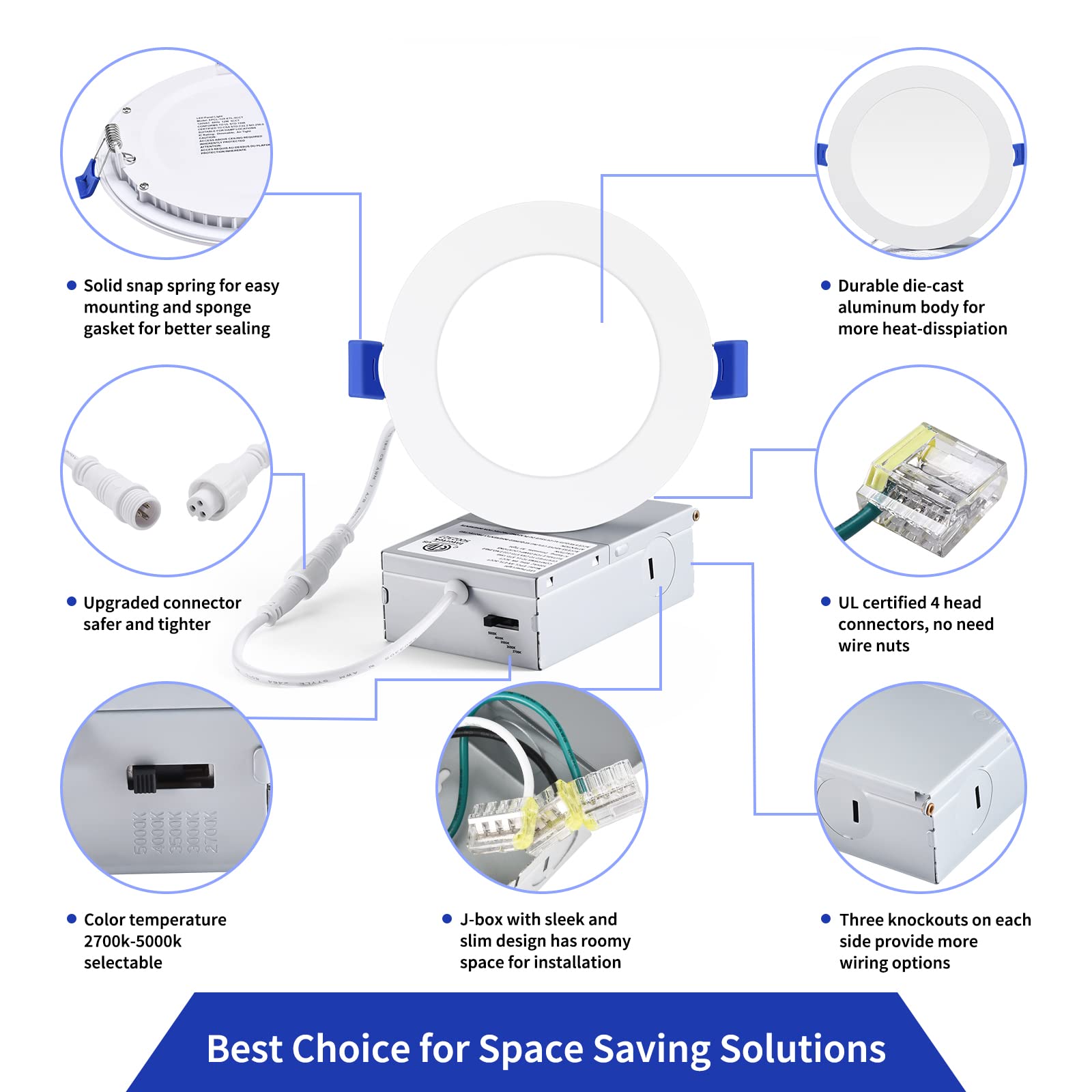 INCARLED 5CCT 1Pack LED Recessed Lighting 4 Inch, 2700K/3000K/3500K/4000K/5000K Selectable, Dimmable Canless Wafer Lights with Junction Box, 9W 750LM, ETL Energy Star Listed