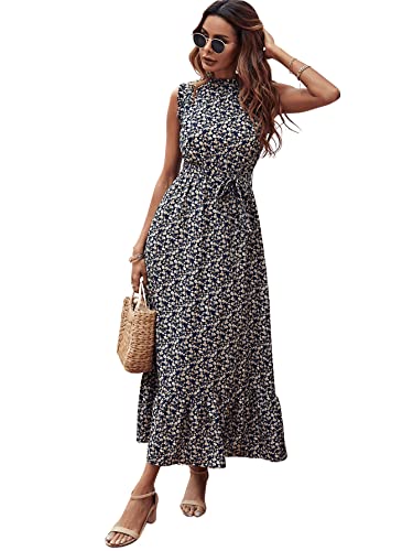 SweatyRocks Women's Floral Sleeveless Ruffle Hem A Line Midi Dress Mock Neck Belted Dresses Blue White S
