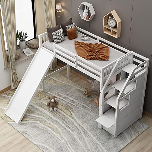 RUNWON Solid Wood Twin Size Loft Bed with Storage and Slide for Kids Teens Bedroom, No Box Spring Needed, White