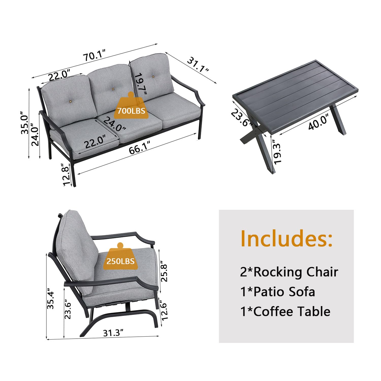 TOP HOME SPACE Patio Conversation Set 4 Piece Metal Outdoor Furniture Set Rocking Chairs with Cushions