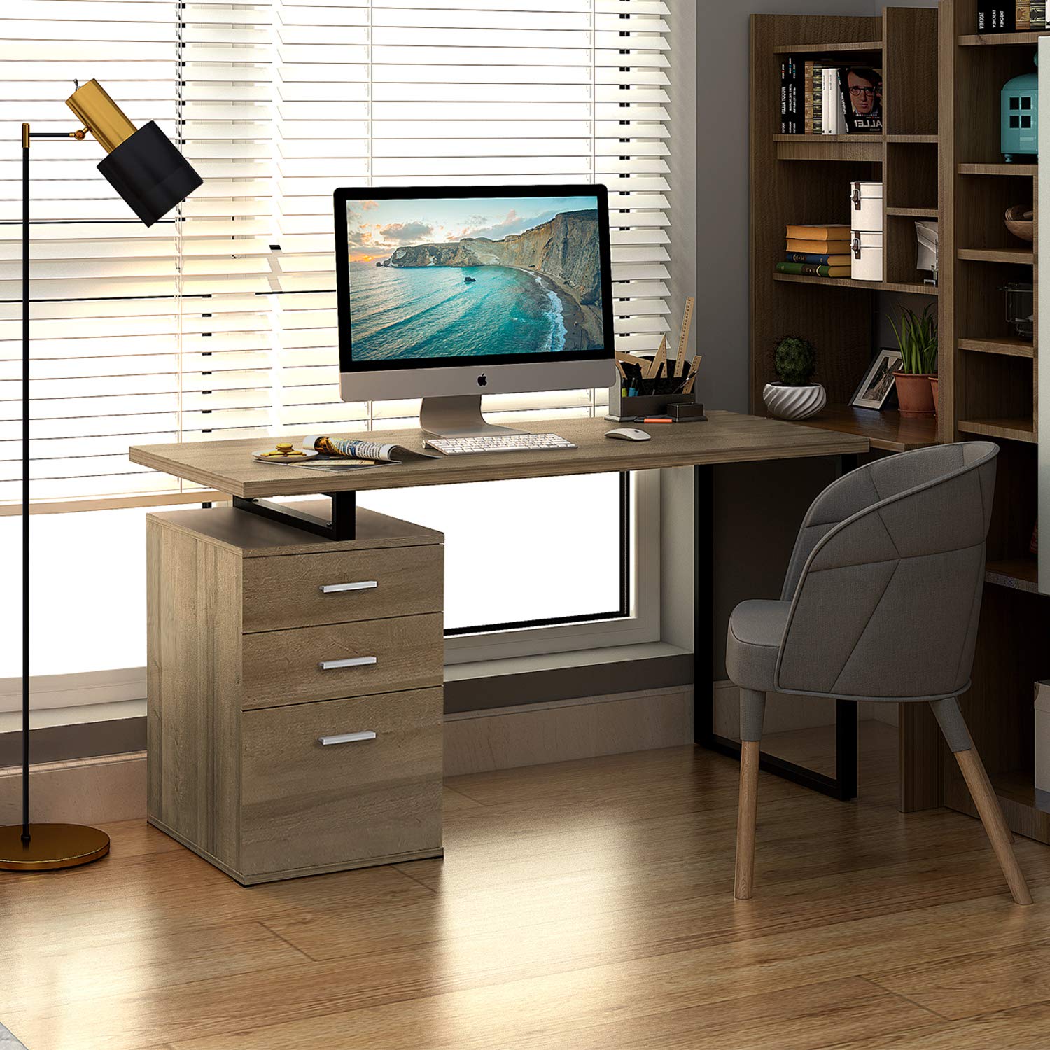 DEVAISE Computer Desk with Drawer, 55 inch Home Office Desk with Reversible File Cabinet, Gray Oak