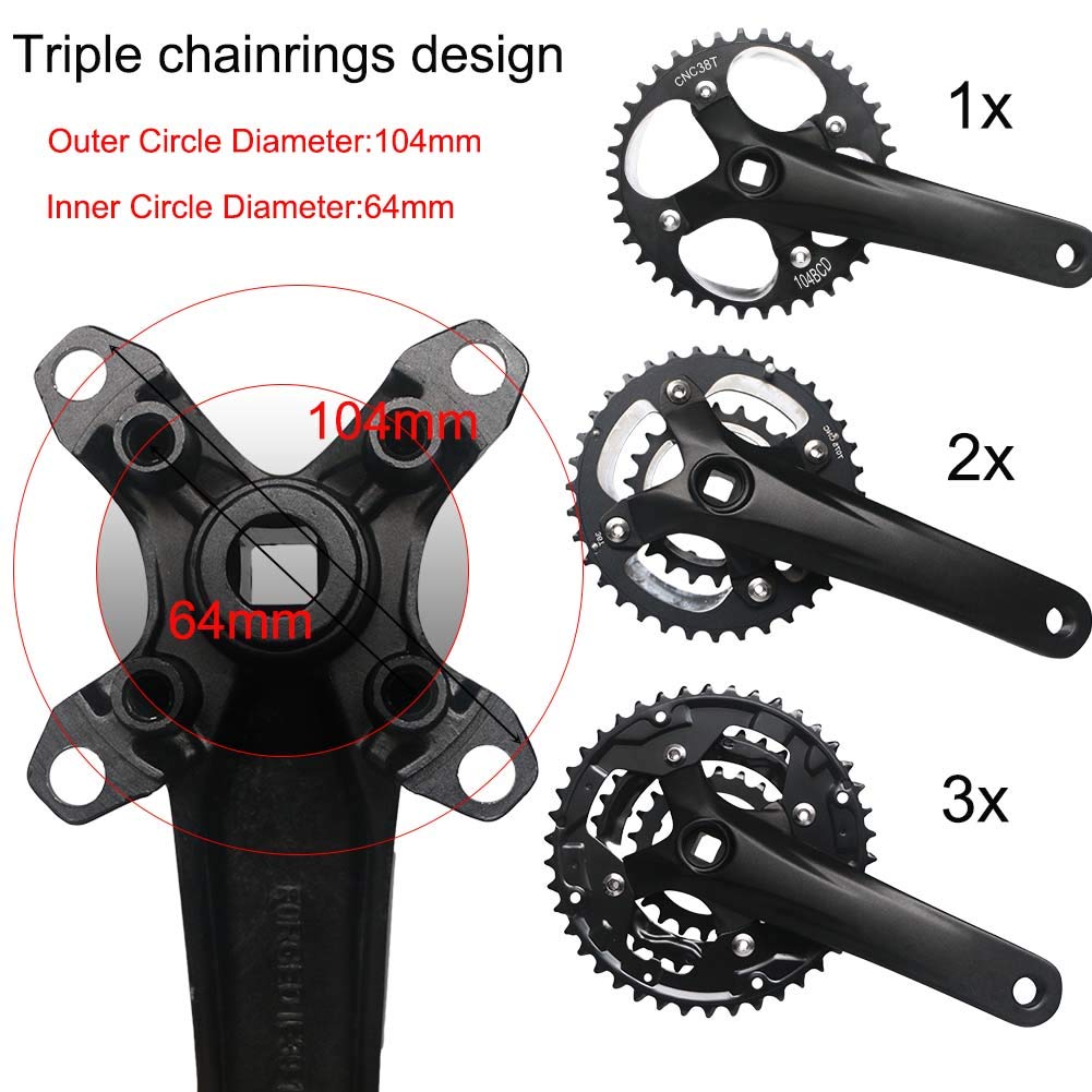 GANOPPER Square Taper MTB Crankset 1X Mountain Bike Single Speed Bicycle Crank Arm Set 34T Chainring 104mm BCD Narrow Wide Teeth