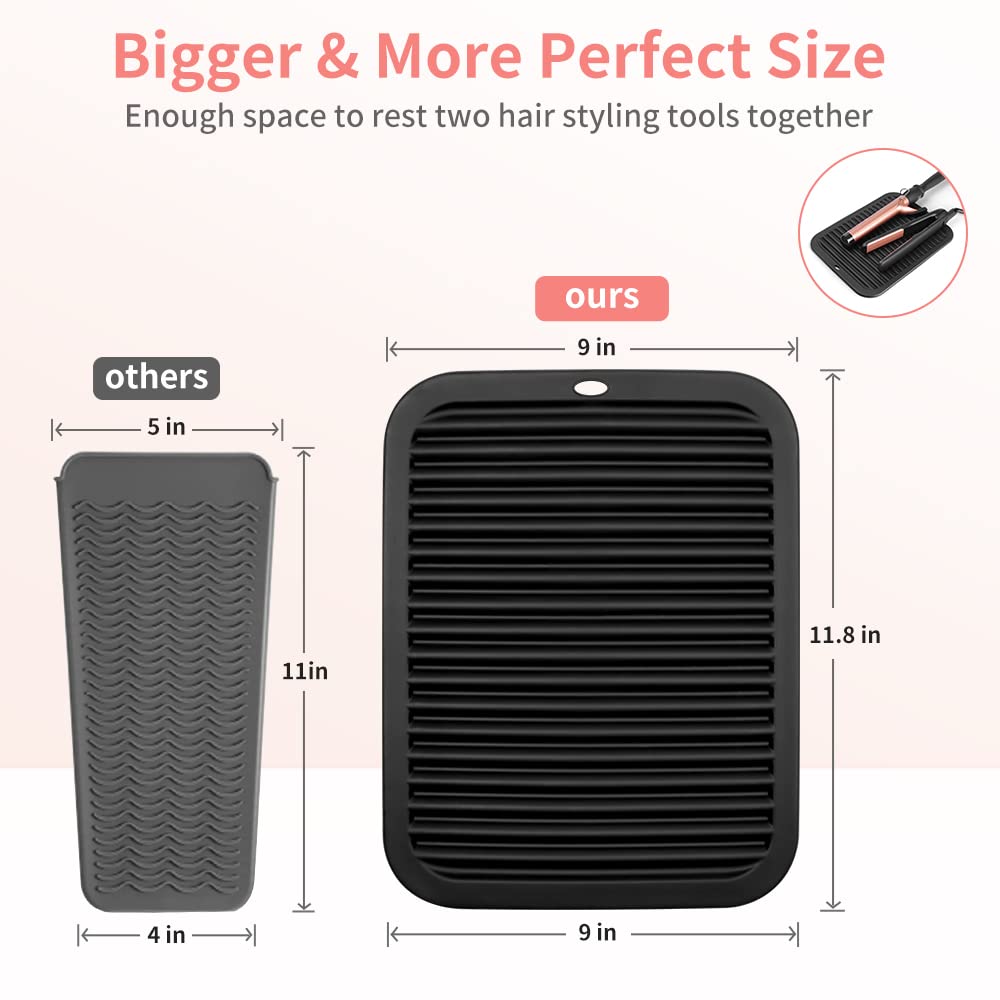 Large Silicone Heat Resistant Mat, Hot Tools Straightener Mat, Professional Heat Mat for Curling Iron, Flat Iron and Hair Styling Tools, Silicone Mat for Hair Tools, with Sticky Fastener (Black)
