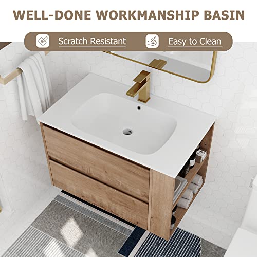 SSLine Wall Mounted Bathroom Vanity with Sink Modern 30" Floating Bathroom Vanity with Top Basin & Storage Drawers Imitative Oak Wood Hanging Bath Cabinet w/Gel Sink and Shelves for Small Space