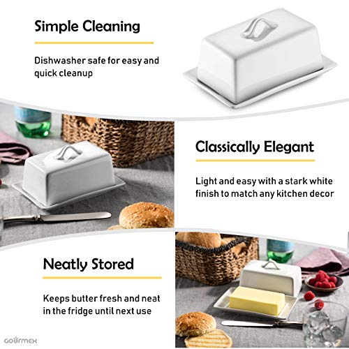 GOURMEX Large Butter Holder with Lid | Fits One Pound of Butter | Ideal Butter Keeper for Salted, Unsalted and Flavored Butter in Fridge | Ceramic White Covered Butter Dish is Dishwasher Safe