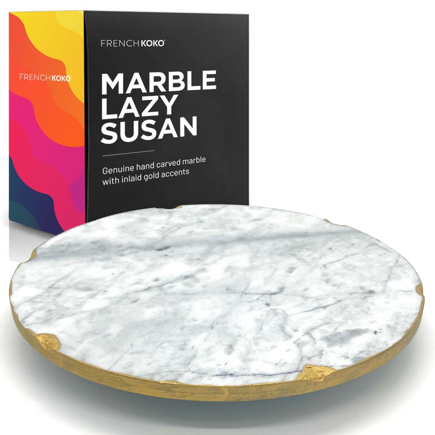 French KOKO 12-Inch Marble Stone Lazy Susan for Countertop with Gold Accent, White Marble Lazy Susan Turntable, Marble Spin Dining Set Tray Spin Slab Pastry Board 12"