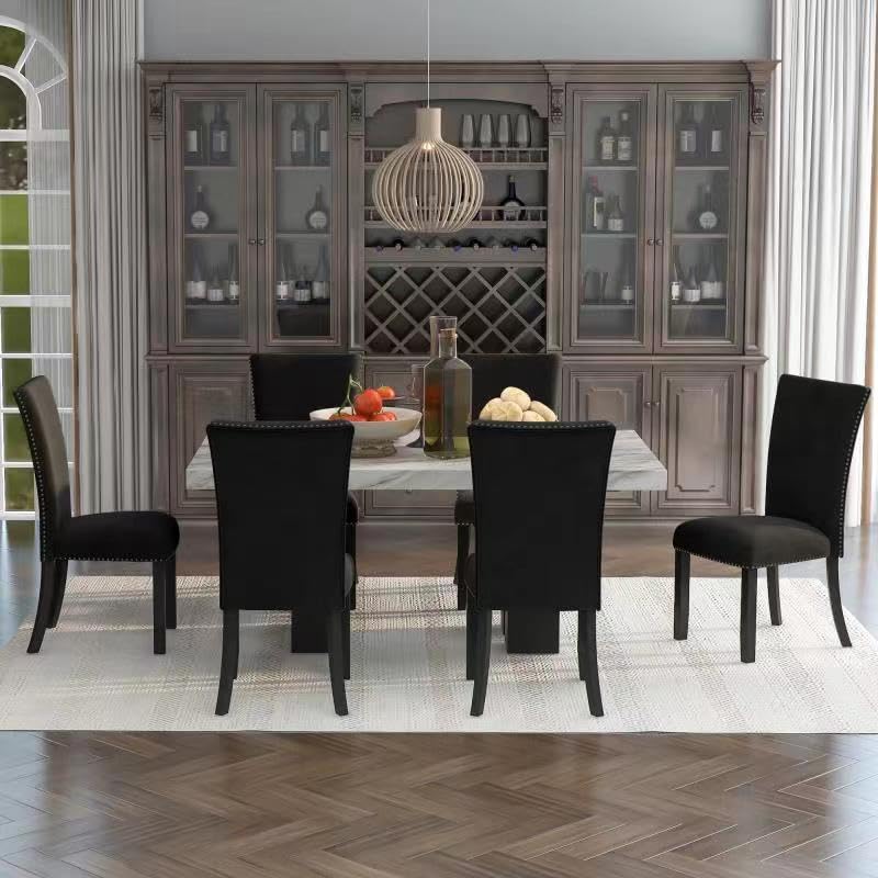 RUNWON 7-Piece Luxury Kitchen Set-Faux Marble Dining Rectangular Table and 6 Upholstered-Seat Chairs, Black